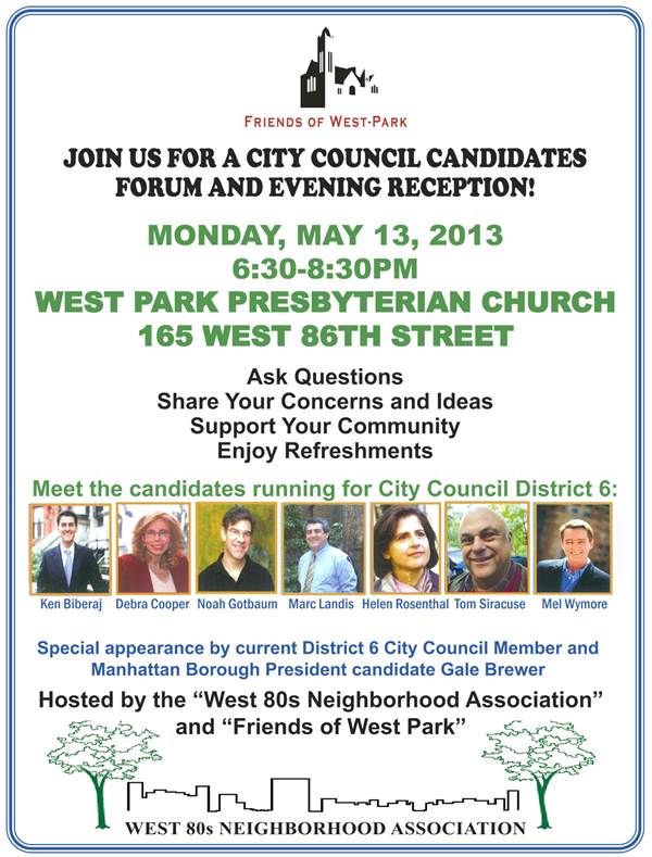 CITY COUNCIL AND BOROUGH PRESIDENT CANDIDATE FORUMS ON THE UWS MONDAY
