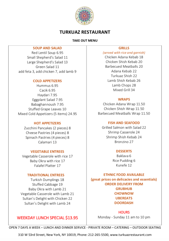 A Special Take-Out Menu from a Delicious Turkish Restaurant