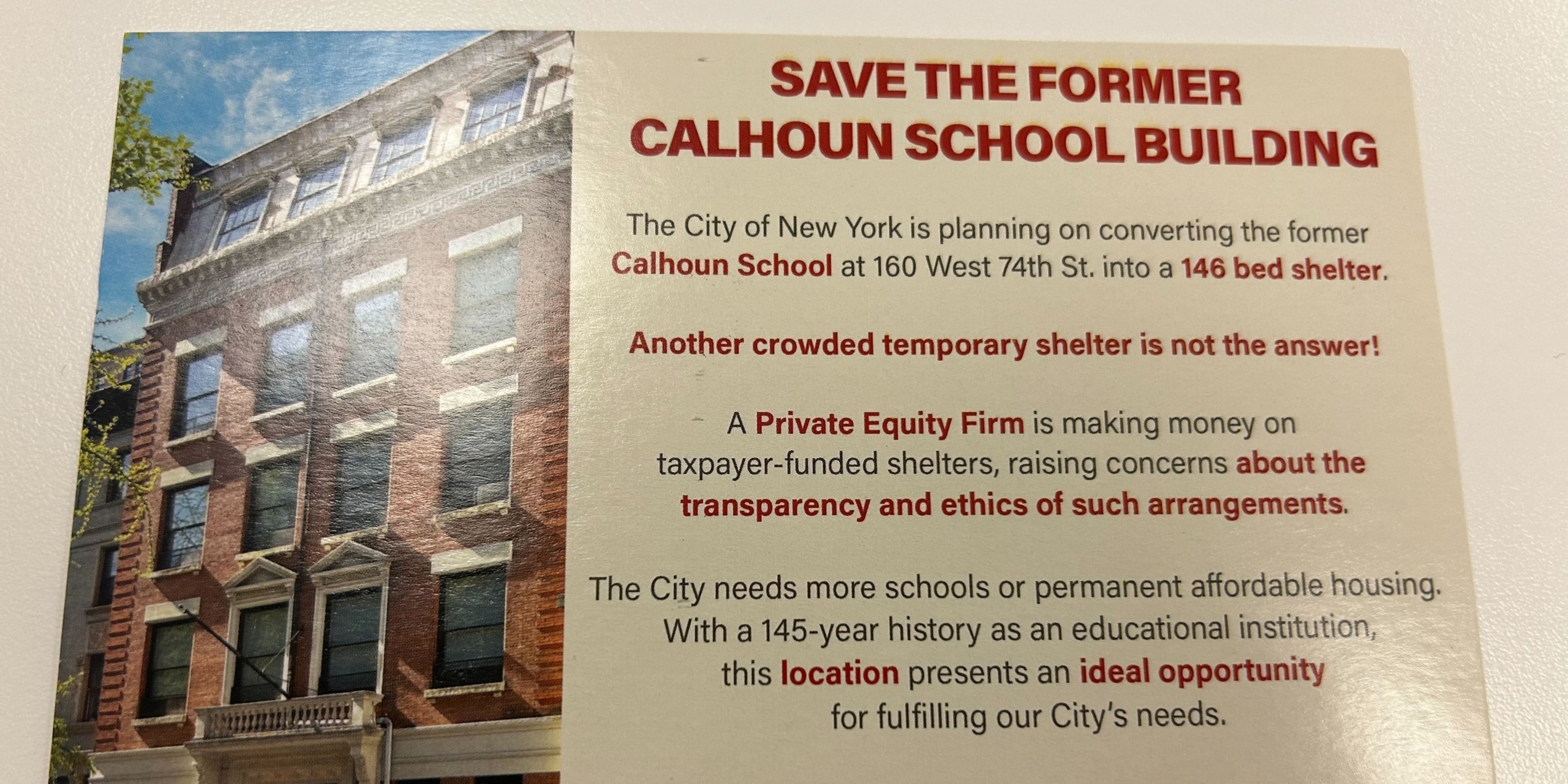 'Save The Former Calhoun School Building' Postcards Arrive in UWS Mailboxes